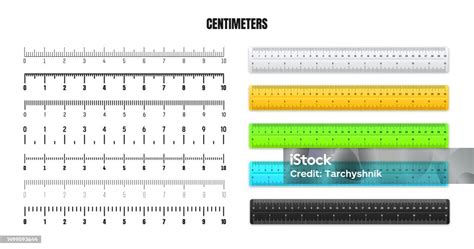 길이 또는 높이를 측정하기 위한 검은색 센티미터 스케일이 있는 사실적인 금속 눈금자 분할이 있는 다양한 측정 스케일 눈금자 줄자 표시 크기 표시기 벡터 그림 0명에 대한