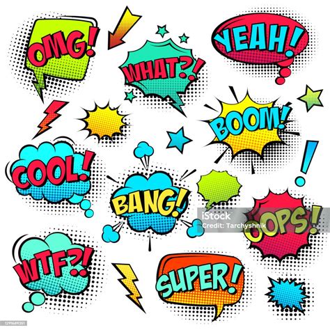하프톤 그림자와 텍스트 문구만화 컬러 의 연설 거품 감정의 소리 표현 손으로 그린 복고풍 만화 스티커 팝 아트 스타일 벡터