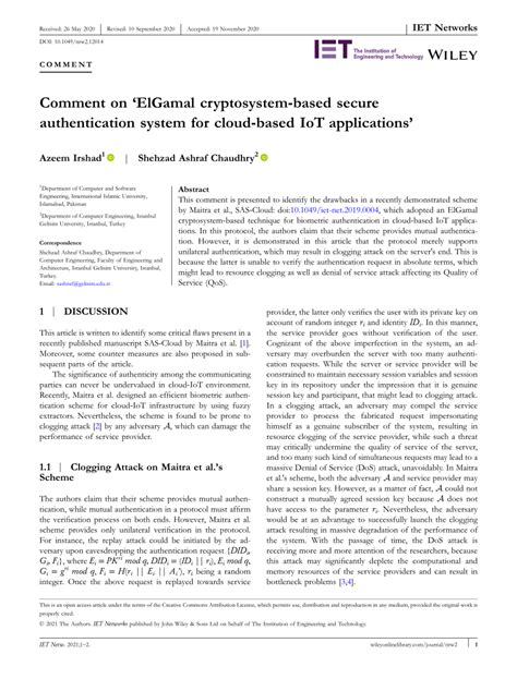 Pdf Comment On ‘elgamal Cryptosystem‐based Secure Authentication System For Cloud‐based Iot