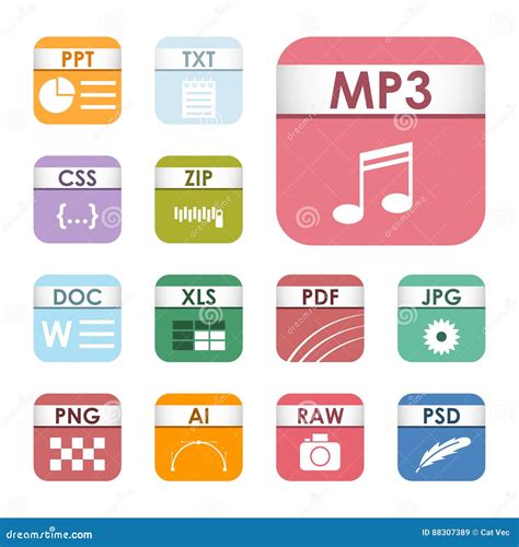 Simple Square File Types Formats Labels Icon Set Presentation Document Symbol And Audio