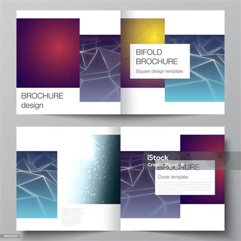 사각형 디자인 Bifold 브로셔 잡지 전단지 소책자를위한 두 개의 표지 템플릿의 벡터 레이아웃 3d 다각형 기하학적 현대 디자인 추상적 인 배경 과학 또는 기술 벡터 그림