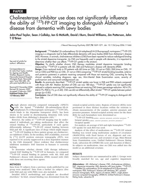 Pdf Cholinesterase Inhibitor Use Does Not Significantly Influence The Ability Of I 123 Fp Cit