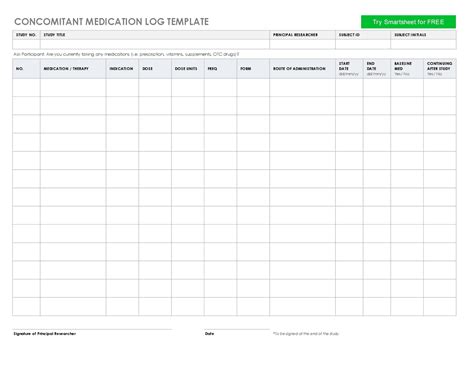 Concomitant Medication Log Template Smartsheet Summaries Nursing Docsity