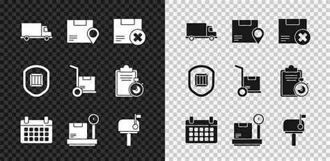 배달화물 트럭 차량 골판지 상자가있는 위치 카톤 및 삭제 달력 규모 메일 보안 방패 및 핸드 박스 아이콘을 설정합니다 벡터 검은