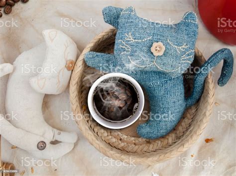 커피 컵와 귀여운 고양이 괜 찮 아 요 고양이의 뜨거운 커피 커피 배경 평면도 복사본 공간 배경 커피 흰색 컵 커피 컵에 콩 0