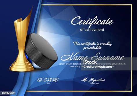 골든 컵 벡터와 아이스 하 키 인증서 디플로마입니다 스포츠 빈티지 감사입니다 현대 선물입니다 빈 인쇄 A4 가로입니다 이벤트 일러스트 증명서에 대한 스톡 벡터 아트 및 기타