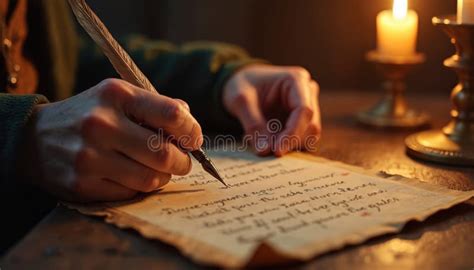 Person Writes With Feather Quill On Old Parchment Paper By Candlelight