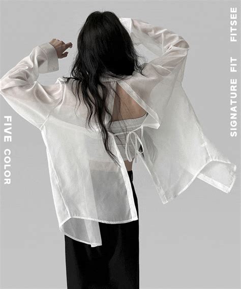 반전 뒷트임 히메 시스루 뒷 트임 리본 디자인 셔츠 에이블리