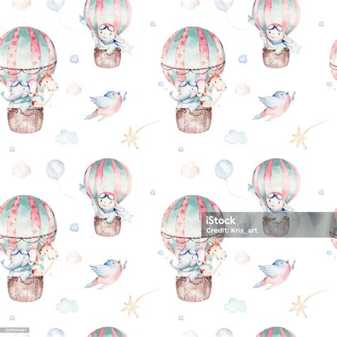 수채화 풍선 원활한 패턴입니다 수채화 세트 아기 만화 귀여운 파일럿 기린 코알라 곰과 조류 항공 하늘 수송 C 풍선 구름코끼리와 코끼리 비행기에 대한 스톡 벡터 아트 및