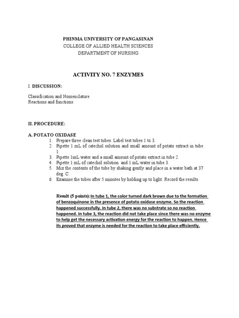 Bio 024 Lab Activity 7 Enzymes Pdf Catalase Hydrogen Peroxide