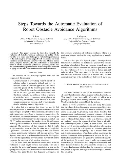 Pdf Steps Towards The Automatic Evaluation Of Robot Obstacle