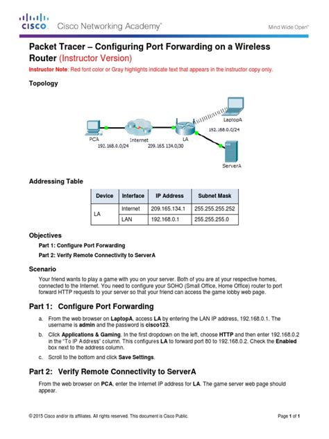 5 2 4 4 Packet Tracer Configuring Port Forwarding On A Wireless Router Instructions Ig Pdf Pdf