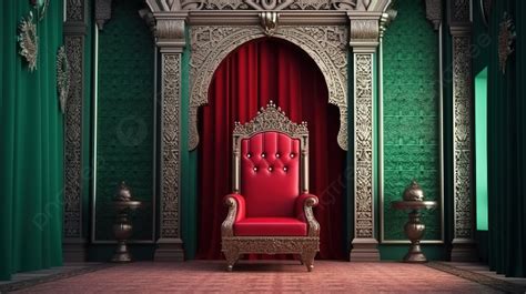 이슬람 스타일의 보좌실 3d 렌더는 왕실 안락의자 빨강 및 녹색 커튼과 복잡한 디테일을 갖추고 있습니다 왕좌 왕좌 의자 왕 의자 배경 일러스트 및 사진 무료 다운로드