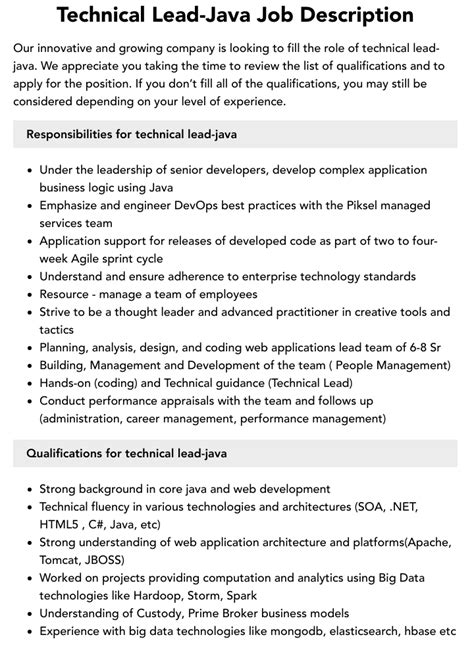 technical lead java job description velvet jobs