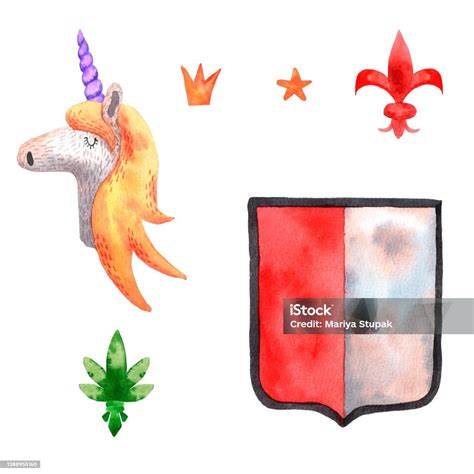중세 상징의 수채화 그림 만화 말 캐릭터 유니콘과 크라운 손으로 그린 장난감지도 세트 휴가 카드 유럽 관광 방패와 팔의 외투 뿔과 백합 0명에 대한 스톡 벡터 아트 및 기타