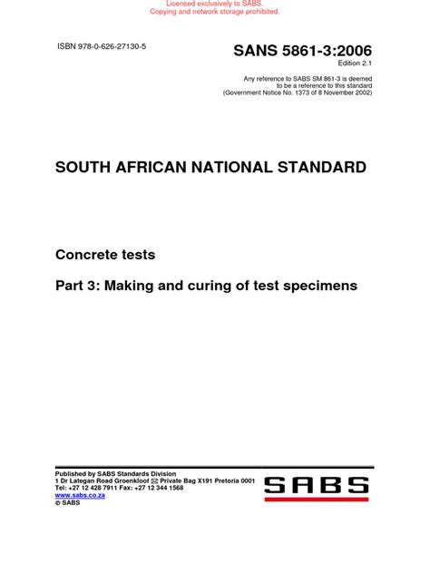 Sans 5861 3 2006 Ed 2 1 Concrete Tests Part 3 Making And Curing Of Test