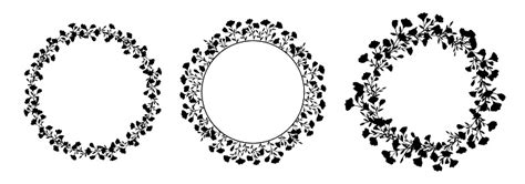 필드 허브와 식물화환의 실루엣 세트 흰색 배경에 격리된 검은색 벡터 라운드 프레임입니다 약용 꽃 나뭇 가지 잎 식물 요소는 잉크로 손으로 그려집니다 꽃 식물에 대한 스톡