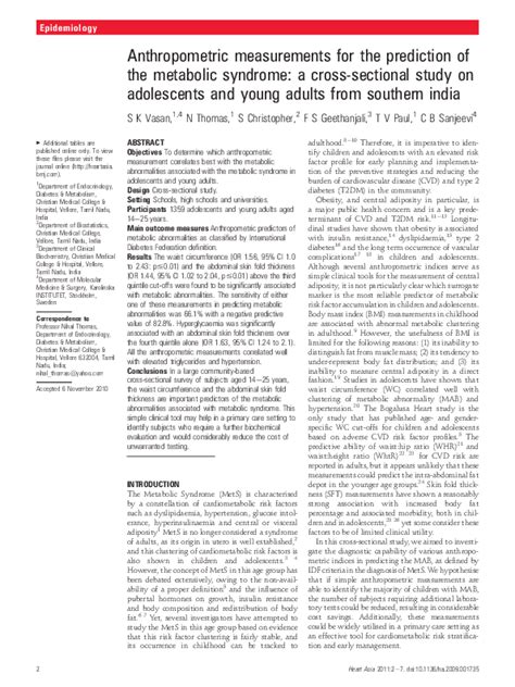 Pdf Anthropometric Measurements For The Prediction Of The Metabolic Syndrome A Cross