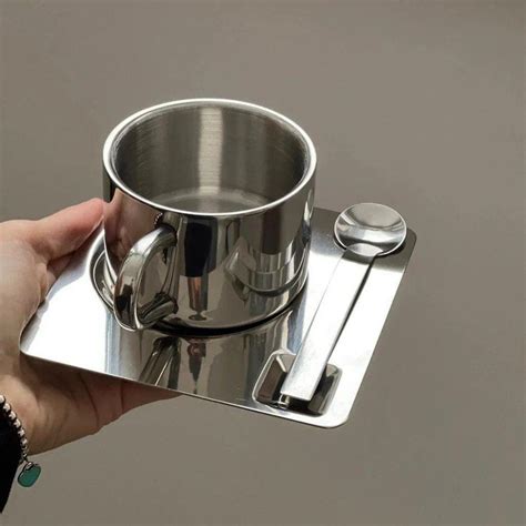 Classic Stainless Steel Cup With A Saucer And Spoon Timeless Design Cup