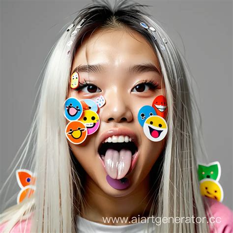 Asian Girl With Colorful Stickers And Playful Expression On Monochrome Background Ai Art Generator