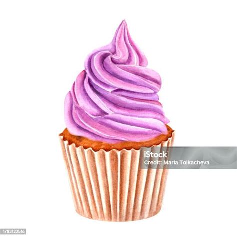 핑크 베리 크림으로 장식 된 종이 포장지에 담긴 맛있는 컵 케이크 머핀 구운 케이크 휘핑 무스 과일 맛 흰색에 고립된 수채화 그림입니다 포장 메뉴 레시피 라벨용 거품 내기에