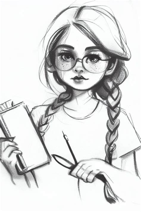 A Pencil Drawing Of A Girl With Glasses Holding A Book
