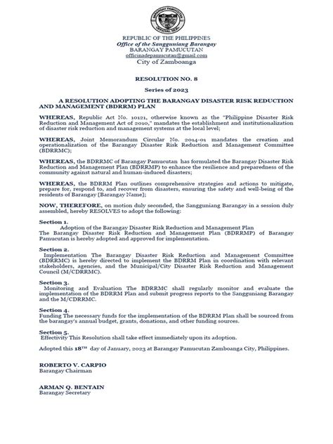 Resolution Bdrrm 2023 Download Free Pdf Disaster Risk Reduction