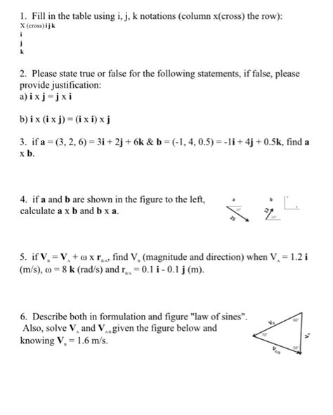 solved fill in the table using i j k notations column