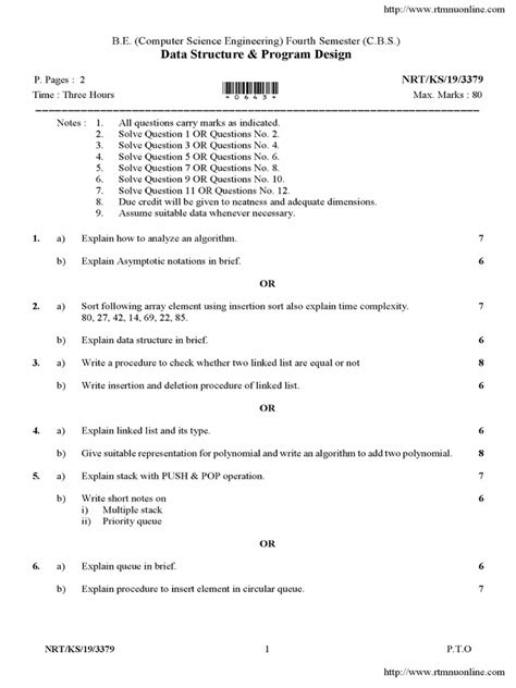 Cse 4 Sem Data Structure And Program Design 3379 Summer 2019 Pdf