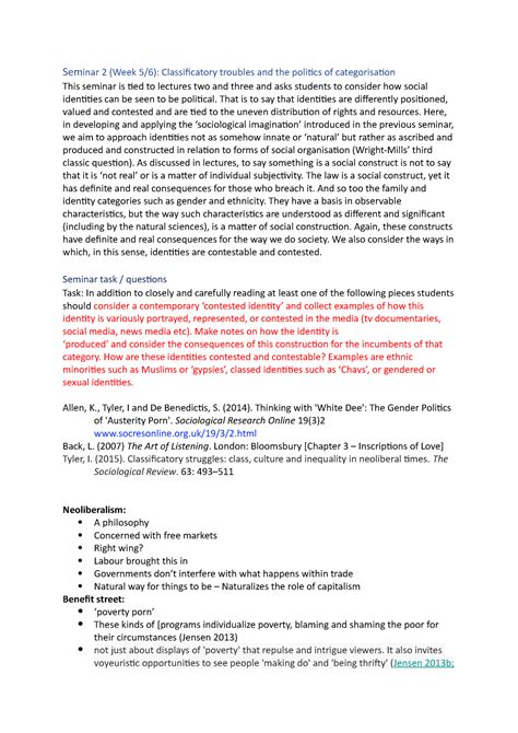 S2 Seminar Notes For Introduction To Sociology Seminar 2 Week 5 6 Classificatory Troubles