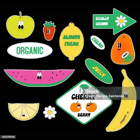 과일 복고풍 펑키 만화 스티커 체리 딸기 바나나 수박 슬로건 따옴표 및 기타 요소의 만화 캐릭터 과일에 대한 스톡 벡터 아트 및 기타 이미지 Istock