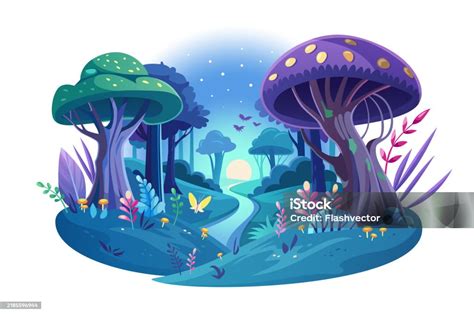 밤에는 마법의 숲 풍경 네온 버섯과 푸른 나무가 있는 동화 속 무서운 세상 강에 대한 스톡 벡터 아트 및 기타 이미지 강 경외감 귀여운 Istock