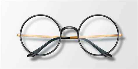 벡터 3d 현실적인 라운드 프레임 안경 아이콘이 격리되어 있습니다 블랙 프레임 여성과 남성을 위한 투명 선글라스 액세서리 광학 렌즈 빈티지 트렌디 한 안경 상위 뷰 3차원