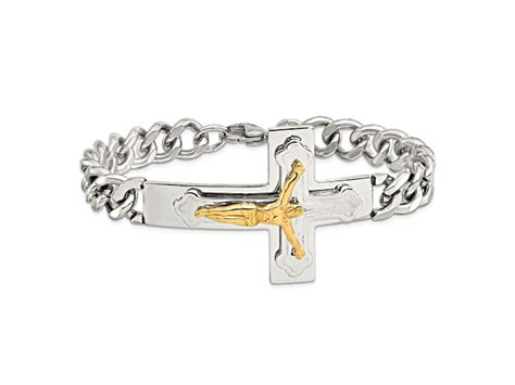 Stainless Steel Polished Yellow Ip Plated Crucifix Bracelet 128k4a Jtv