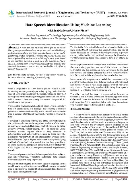 Pdf Hate Speech Identification Using Machine Learning