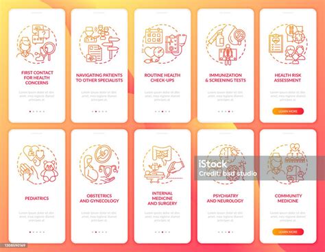 개념 세트와 가족 의사 레드 온보딩 모바일 앱 페이지 화면 가족에 대한 스톡 벡터 아트 및 기타 이미지 가족 건강관리와 의술 그라데이션 Istock