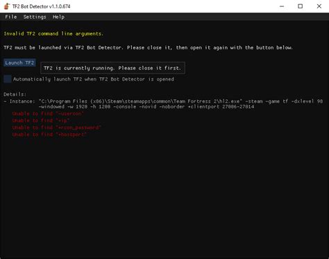 failed to get tf2 command line arguments · issue 230 · pazerop tf2 bot detector · github