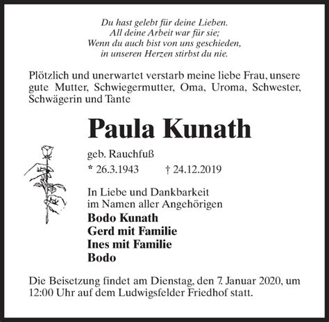 Traueranzeigen Von Paula Kunath Trauer Anzeigende