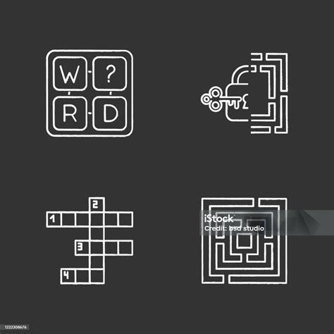 퍼즐과 수수께끼 분필 아이콘 세트 누락 된 편지 게임 미로 라비린스 낱말 논리 게임 정신 운동 도전 수수께끼 솔루션 찾기 절연 벡터 칠판 그림 가로세로 낱말퍼즐에 대한 스톡