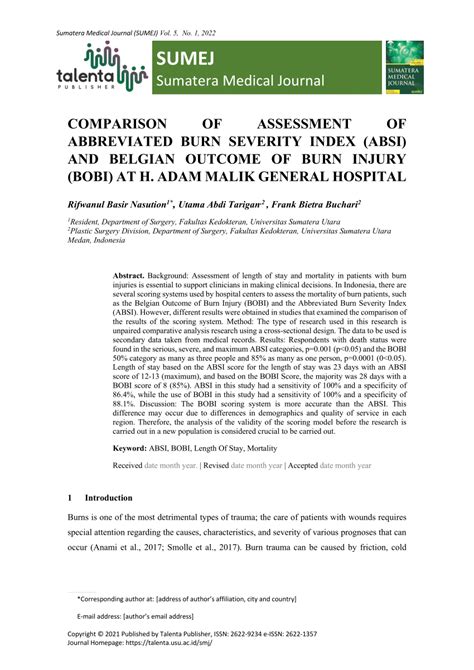 Pdf Comparison Of Assessment Of Abbreviated Burn Severity Index Absi And Belgian Outcome Of