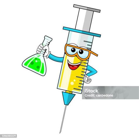 웃는 만화 캐릭터 마스코트 의료 주사기 백신 화학 화학자 실험 벡터 일러스트 고립 가공의 인물에 대한 스톡 벡터 아트 및 기타 이미지 가공의 인물 감기와 독감 감정