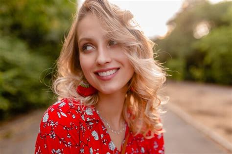 Free Photo Portrait Of Attractive Stylish Blond Smiling Woman In Red
