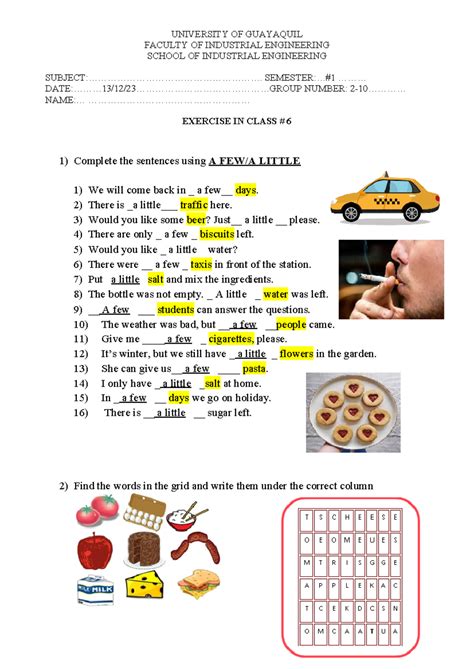 1 1exercise in class 4 englsih 2 a lot a few a little university of