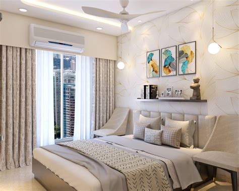 Master Bedroom Design With Abstract Wallpaper And Dressing Unit Livspace
