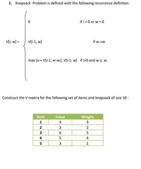 Solved Knapsack Problem Is Defined With The Following