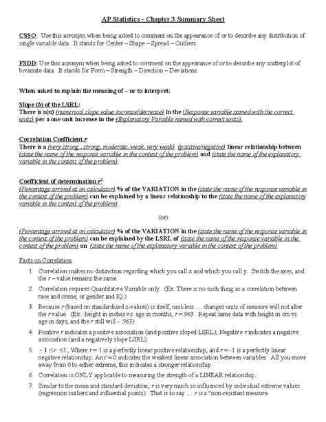 Chapter Review Sheet AP Statistics Chapter Summary Sheet CSSO Use This Acronym When