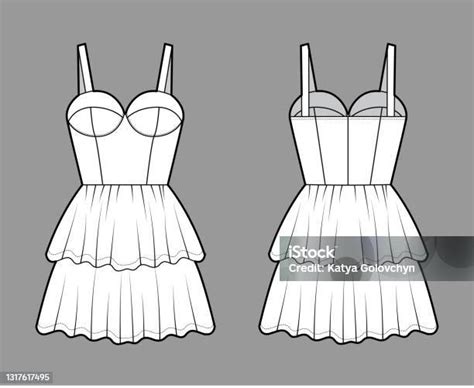 어깨 끈 몸에 맞는 2 줄 미니 길이 주름 티어 스커트와 뷔스티에 드레스 기술 패션 일러스트 0명에 대한 스톡 벡터 아트 및 기타 이미지 Istock