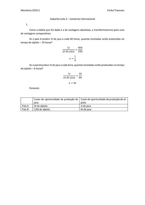 Gabarito Lista 3 Comércio Internacional Warning Tt Undefined