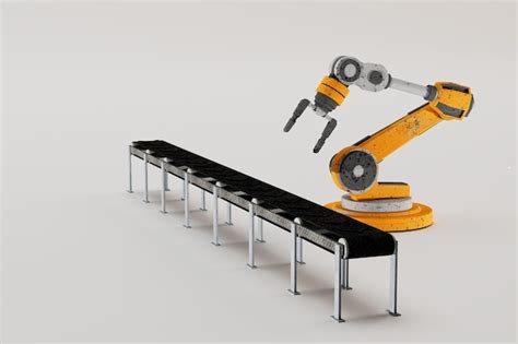 생산 지원을 위한 로봇 팔 흰색 배경에 로봇 팔이 있는 컨베이어 벨트 프리미엄 사진