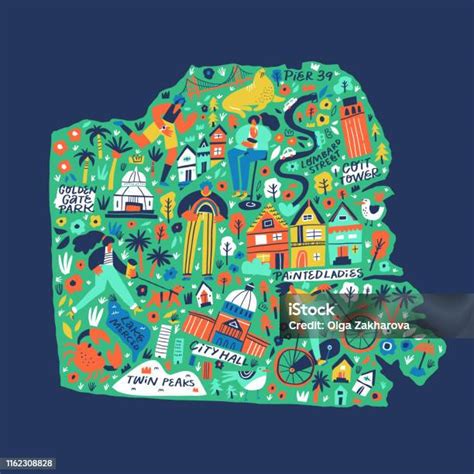 샌프란시스코 인포 그래픽 녹색지도 평면 손으로 그린 벡터 일러스트레이션 캘리포니아 도시 건축 관광 랜드 마크는 만화 클립 아트를 라우팅합니다 미국 주 유명한 장소 낙서 도면